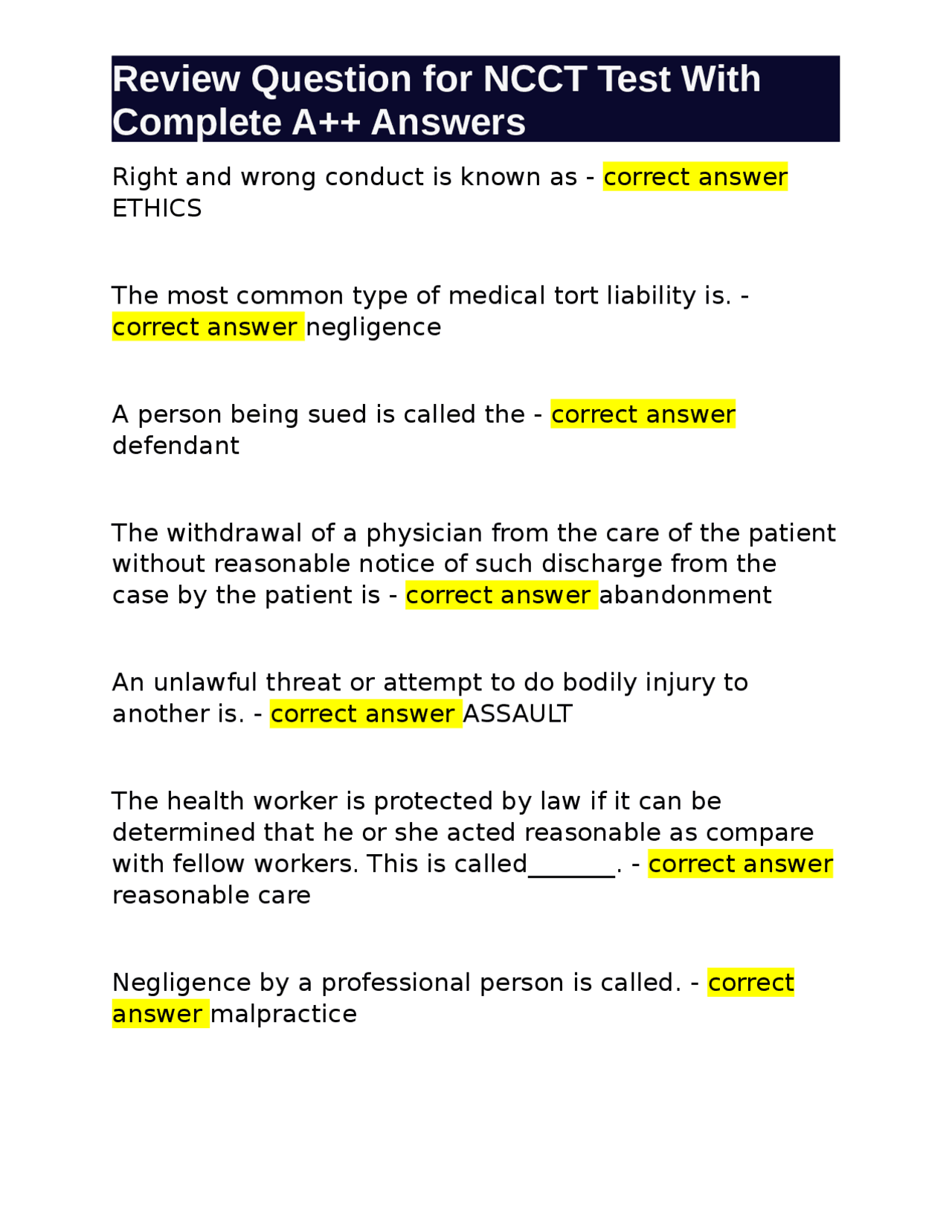 Review Question for NCCT Test With Complete A++ Answers | Exams ...