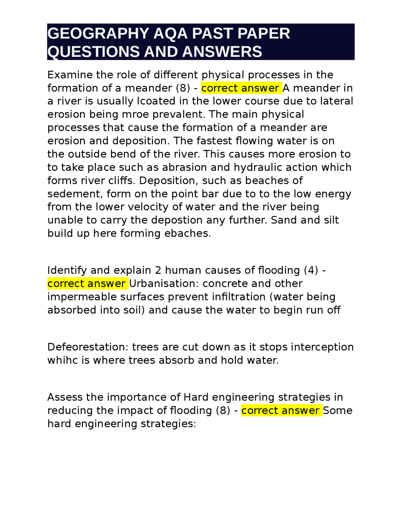 GEOGRAPHY AQA PAST PAPER QUESTIONS AND ANSWERS | Exams Geography | Docsity