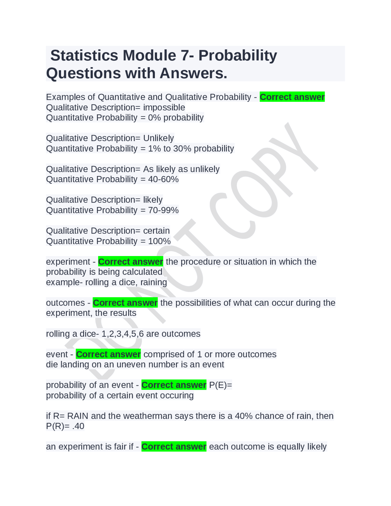 Statistics Module 7- Probability Questions with Answers. | Exams ...