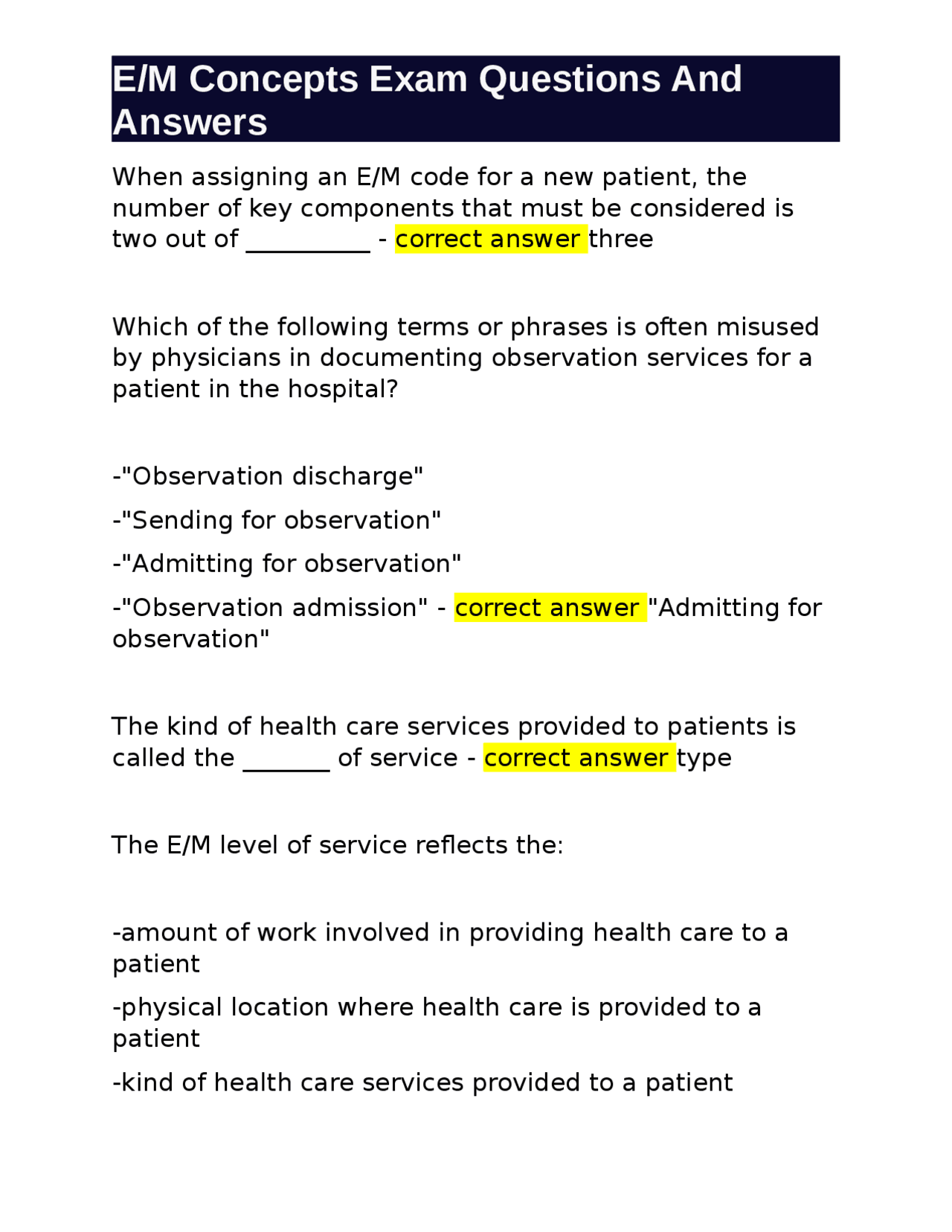 E/M Concepts Exam Questions And Answers | Exams Medicine | Docsity