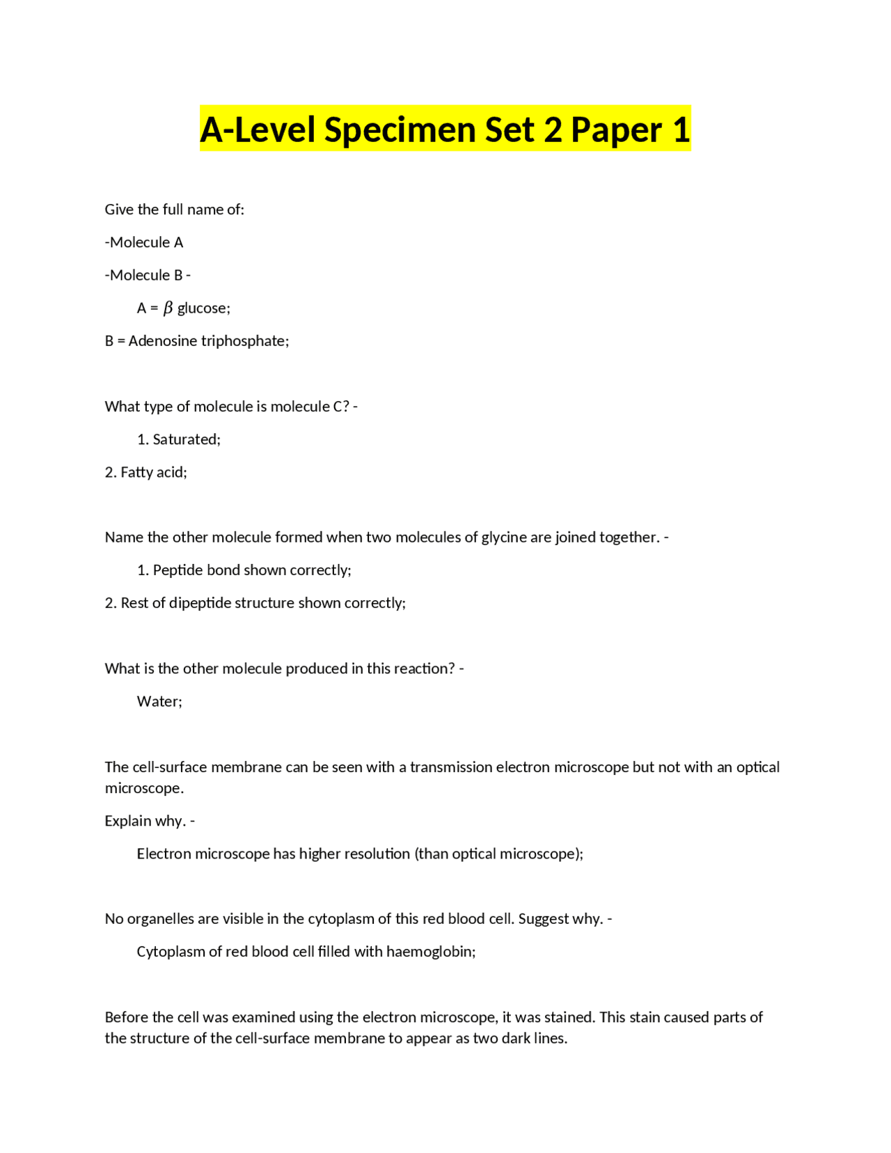 A-Level Specimen Set 2 Paper 1 | Exams Biology | Docsity