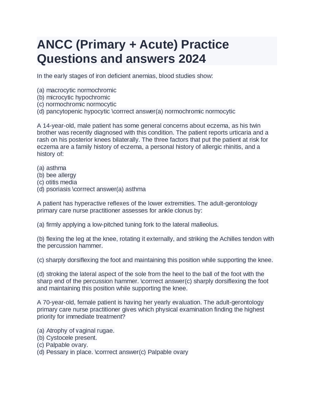 ANCC (Primary + Acute) Practice Questions and Answers for Nursing ...