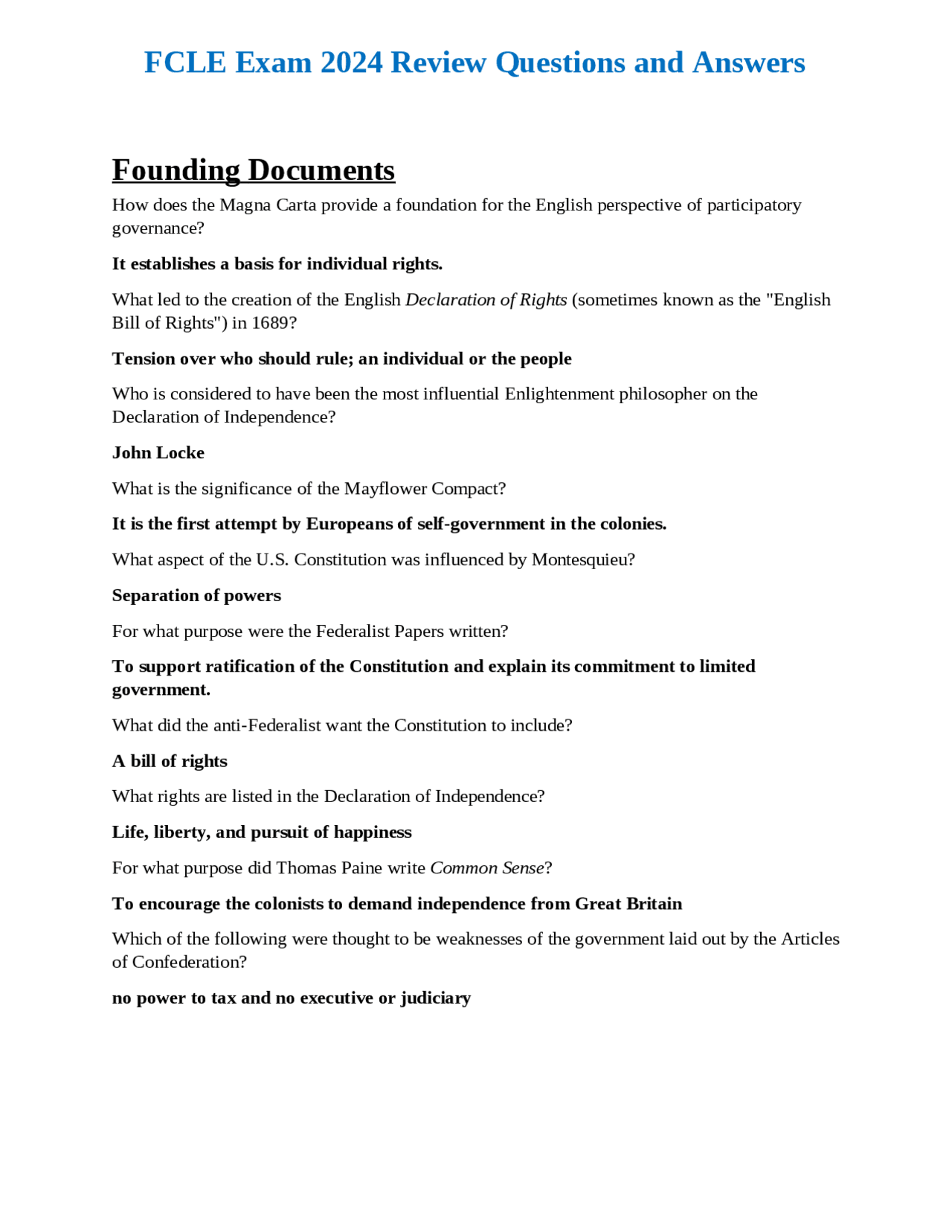 FCLE Exam 2024 Review Questions and Answers | Exams Local Government ...