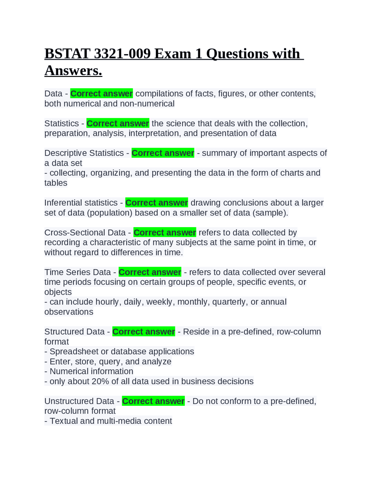 BSTAT 3321-009 Exam 1 Questions with Answers. | Exams Statistics | Docsity