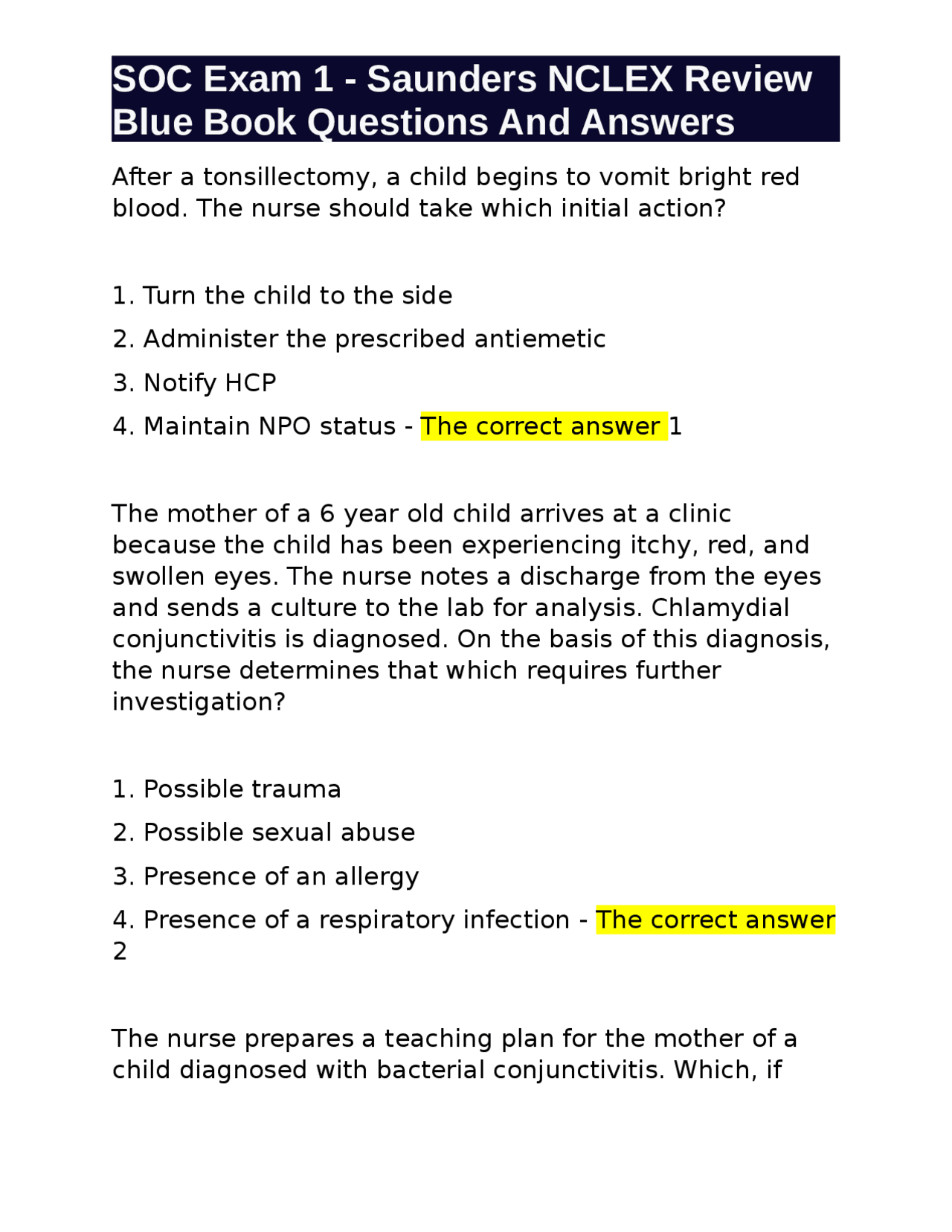 SOC Exam 1 - Saunders NCLEX Review Blue Book Questions And Answers ...