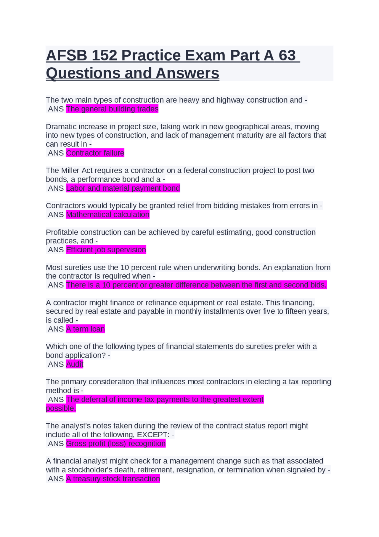 AFSB 152 Practice Exam Part A: Construction Industry Questions and ...