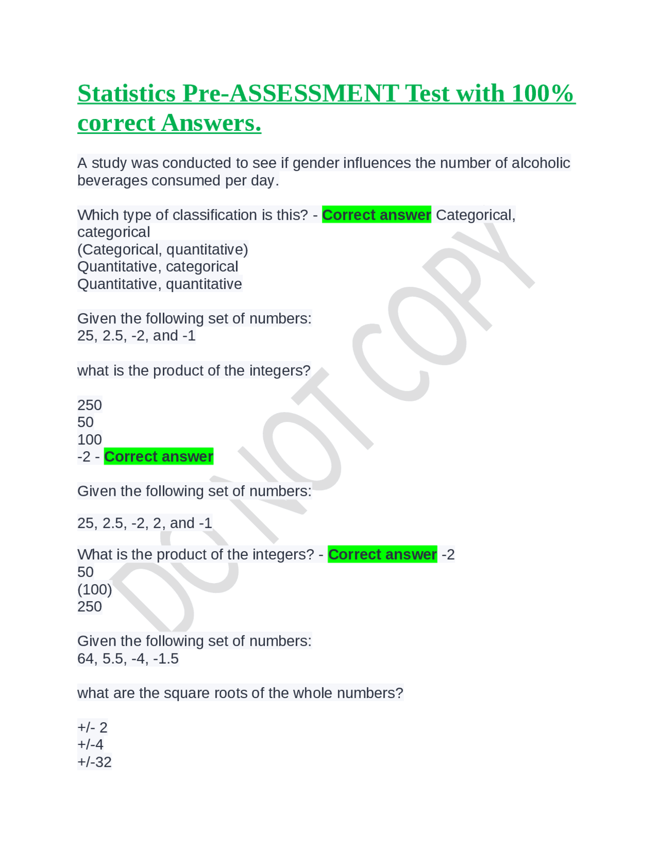 Statistics Pre-ASSESSMENT Test with 100% correct Answers. | Exams ...