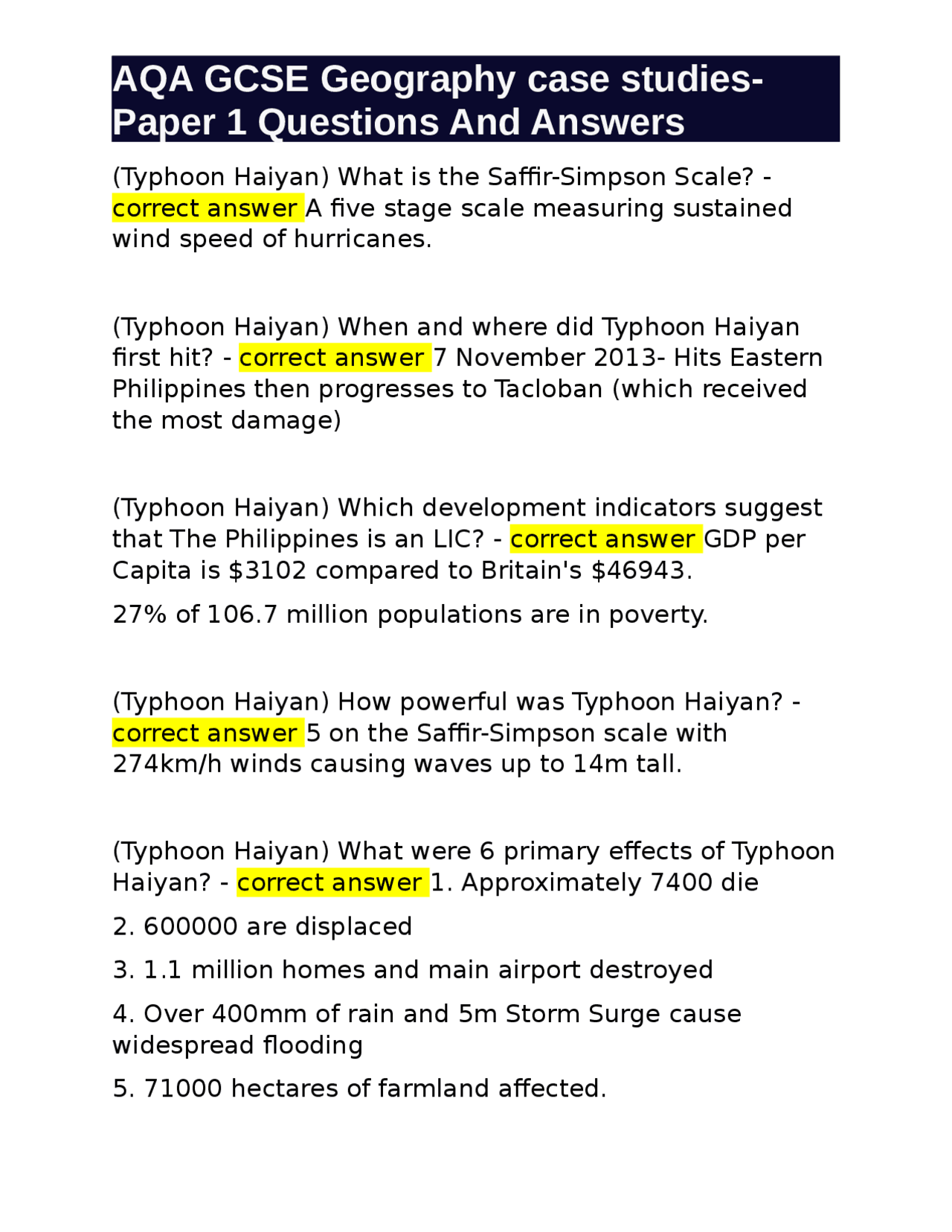 AQA GCSE Geography case studies- Paper 1 Questions And Answers | Exams ...