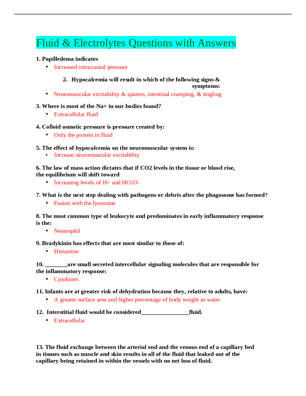 Fluid & Electrolytes Questions with Answers | Exams Nursing | Docsity