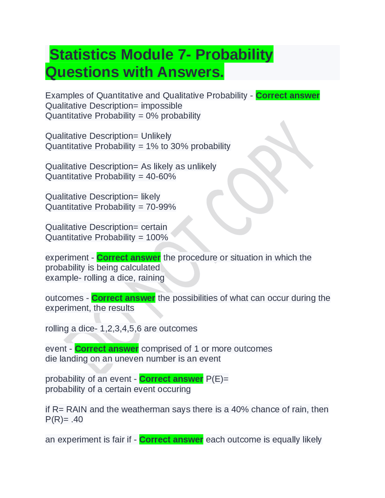 Statistics Module 7- Probability Questions with Answers. | Exams Applied Statistics | Docsity