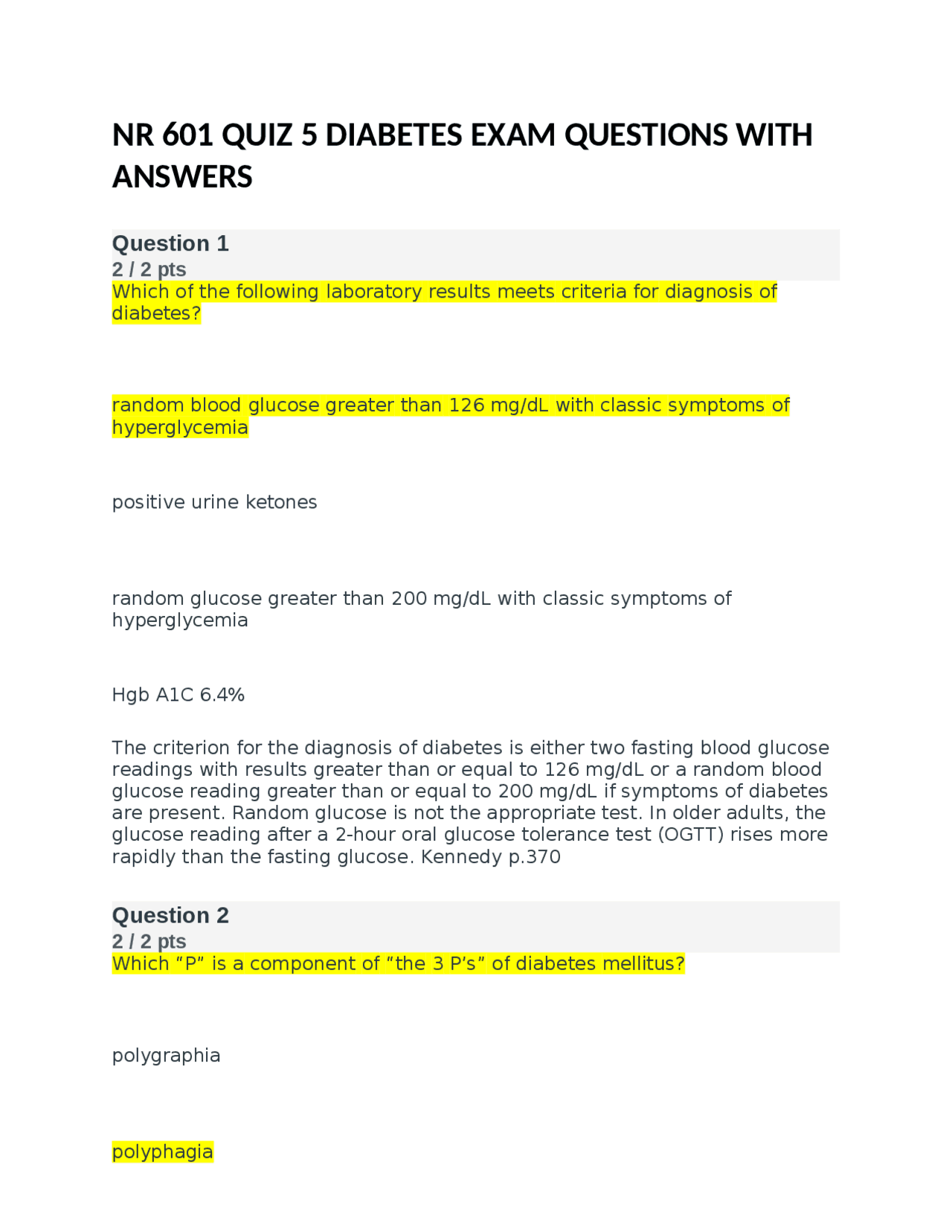 Diabetes Quiz Answers and Explanations | Exams Nursing | Docsity