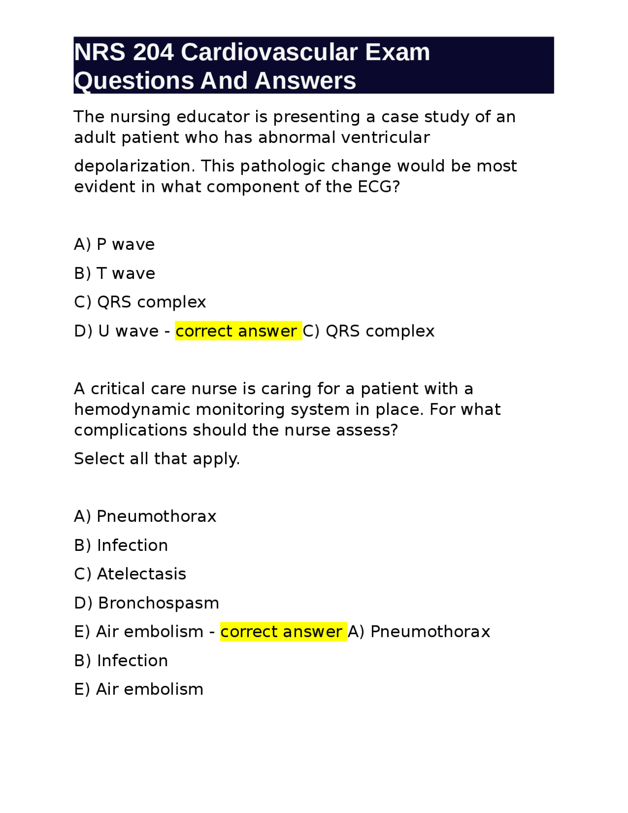 NRS 204 Cardiovascular Exam: Questions and Answers for Nursing Students ...