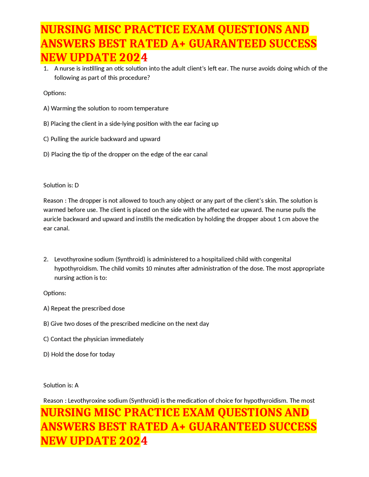 NURSING MISC PRACTICE EXAM QUESTIONS AND ANSWERS | Exams Nursing | Docsity