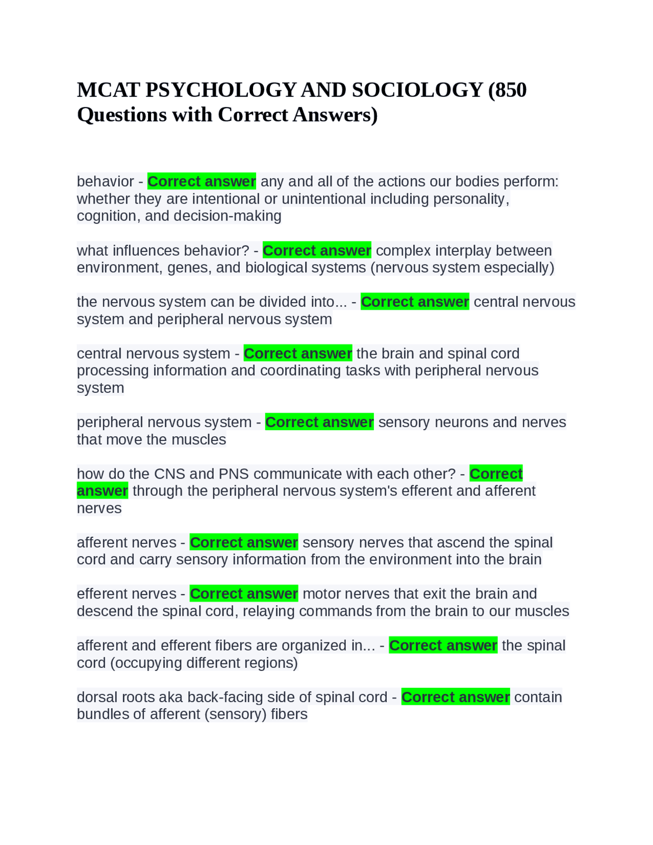 MCAT PSYCHOLOGY AND SOCIOLOGY (850 Questions with Correct Answers ...