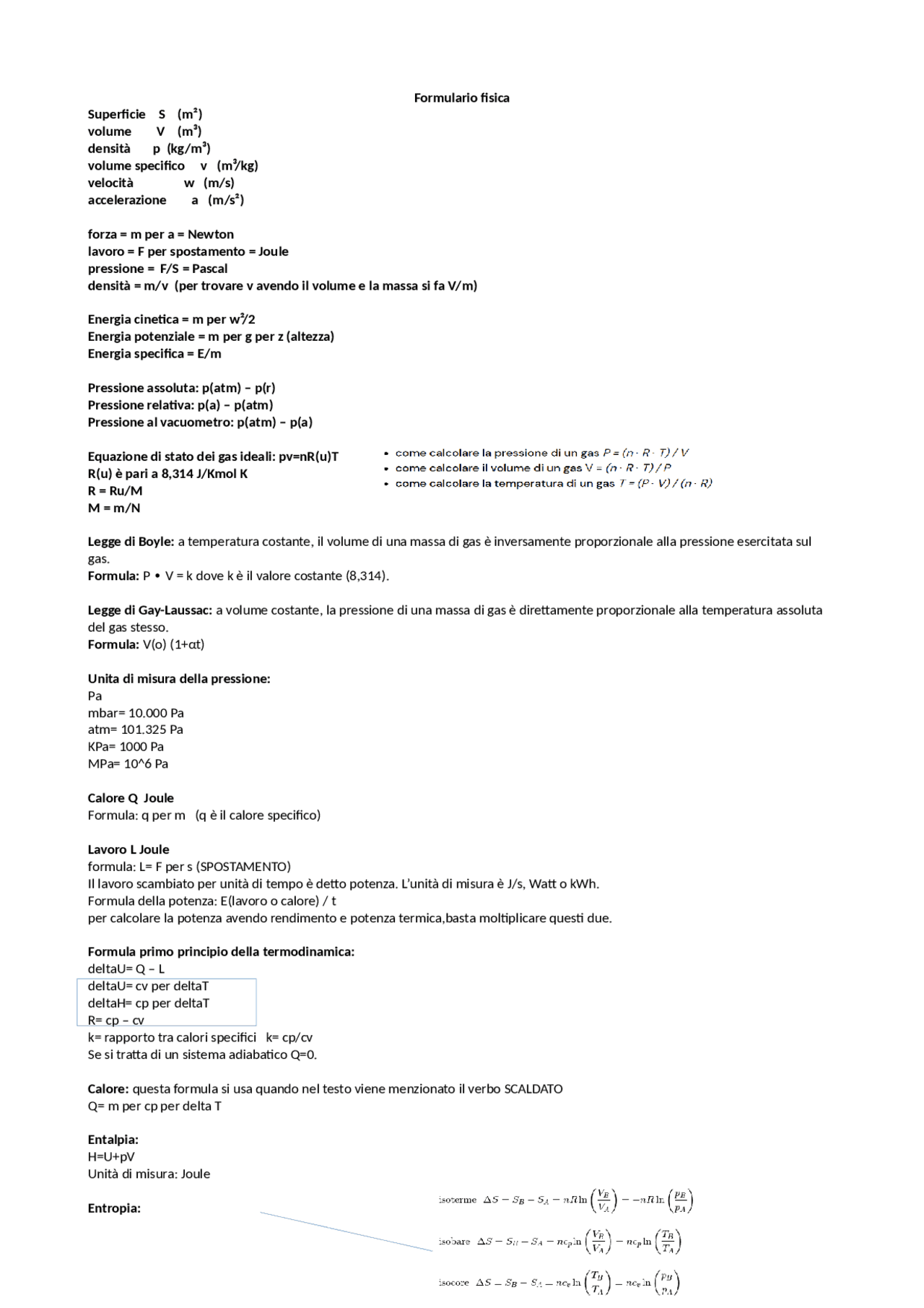 formulario di fisica | Schemi e mappe concettuali di Fisica Tecnica | Docsity
