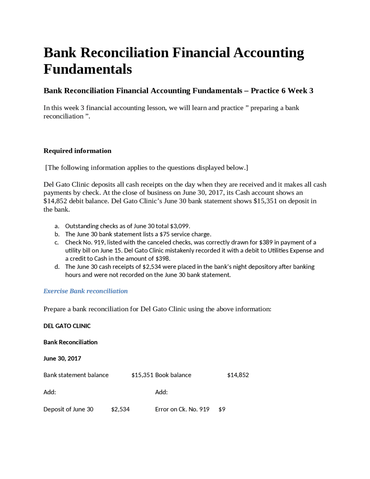 Bank Reconciliation Financial Accounting Fundamentals | Exercises ...