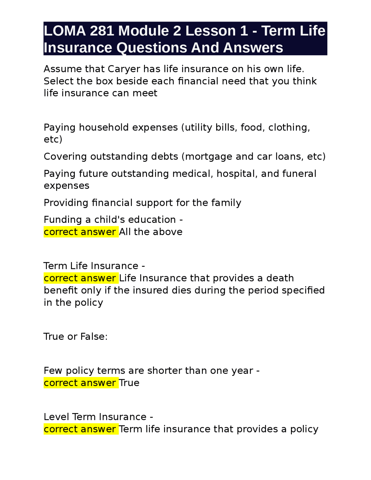 LOMA 281 Module 2 Lesson 1 - Term Life Insurance Questions And Answers ...