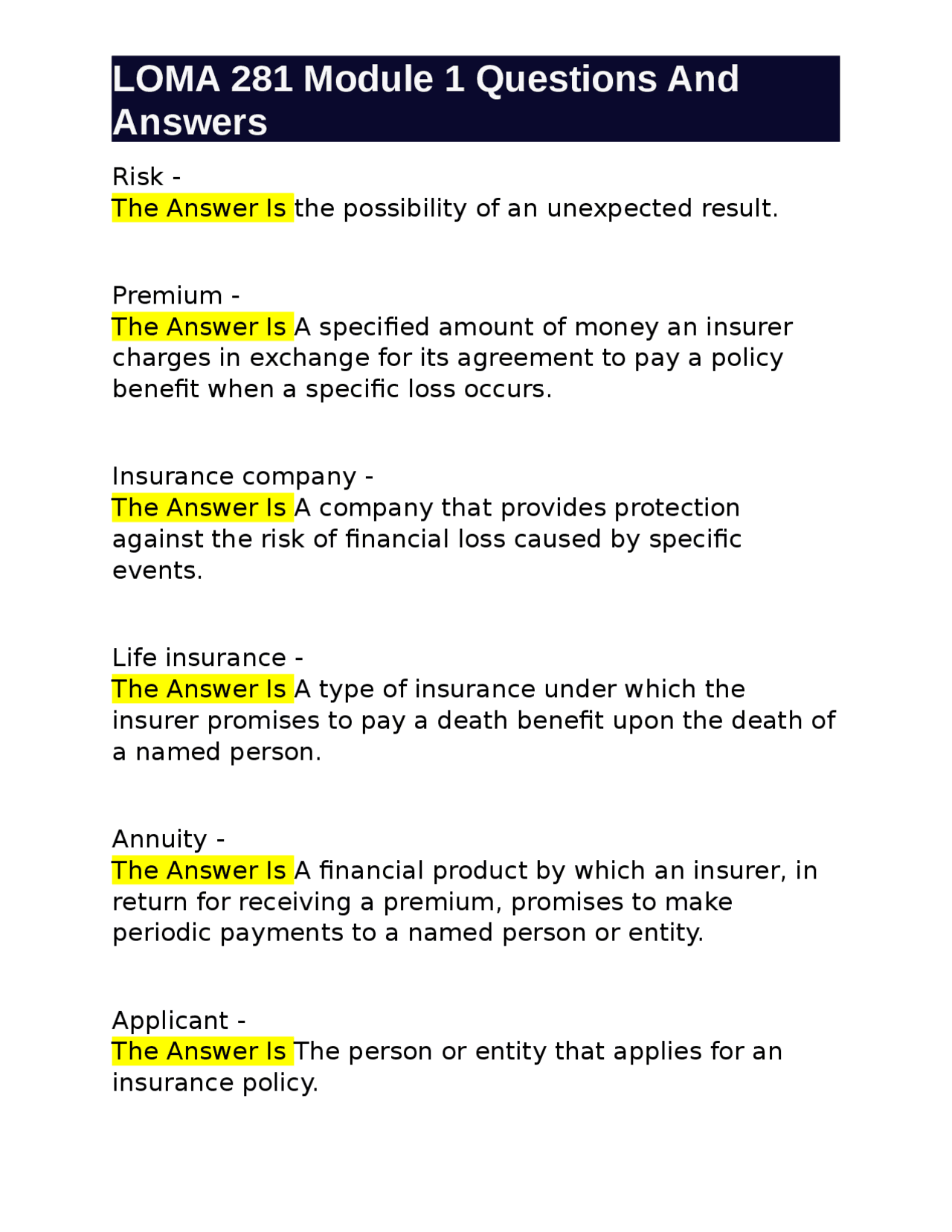 LOMA 281 Module 1 Questions And Answers | Exams Insurance law | Docsity