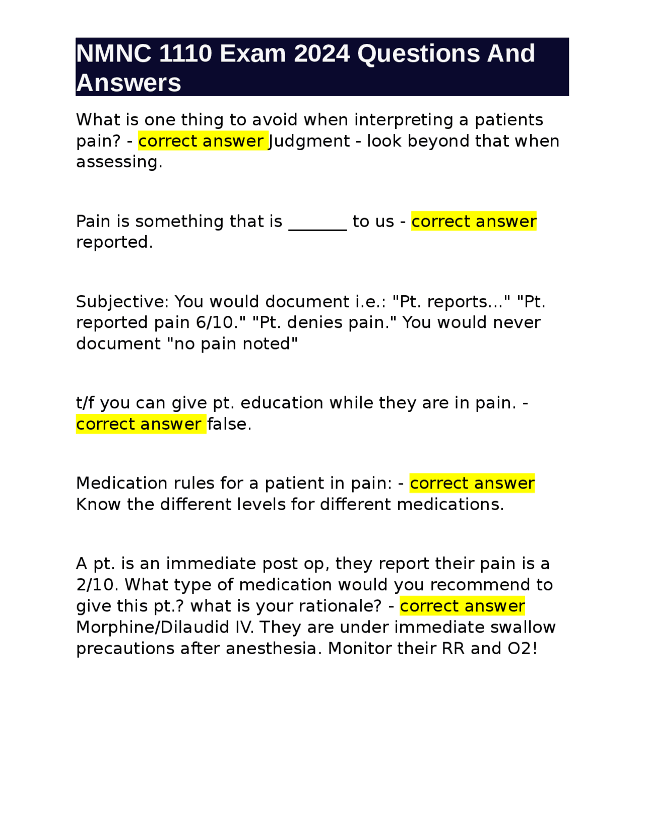 NMNC 1110 Exam 2024 Questions And Answers | Exams Medicine | Docsity