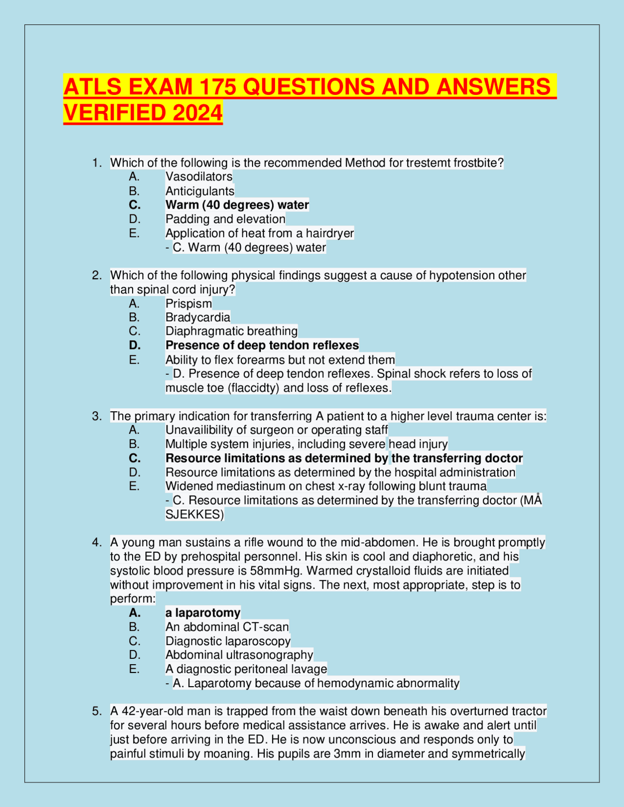 ATLS Exam 175 Questions and Answers: Verified 2024 | Exams Nursing ...