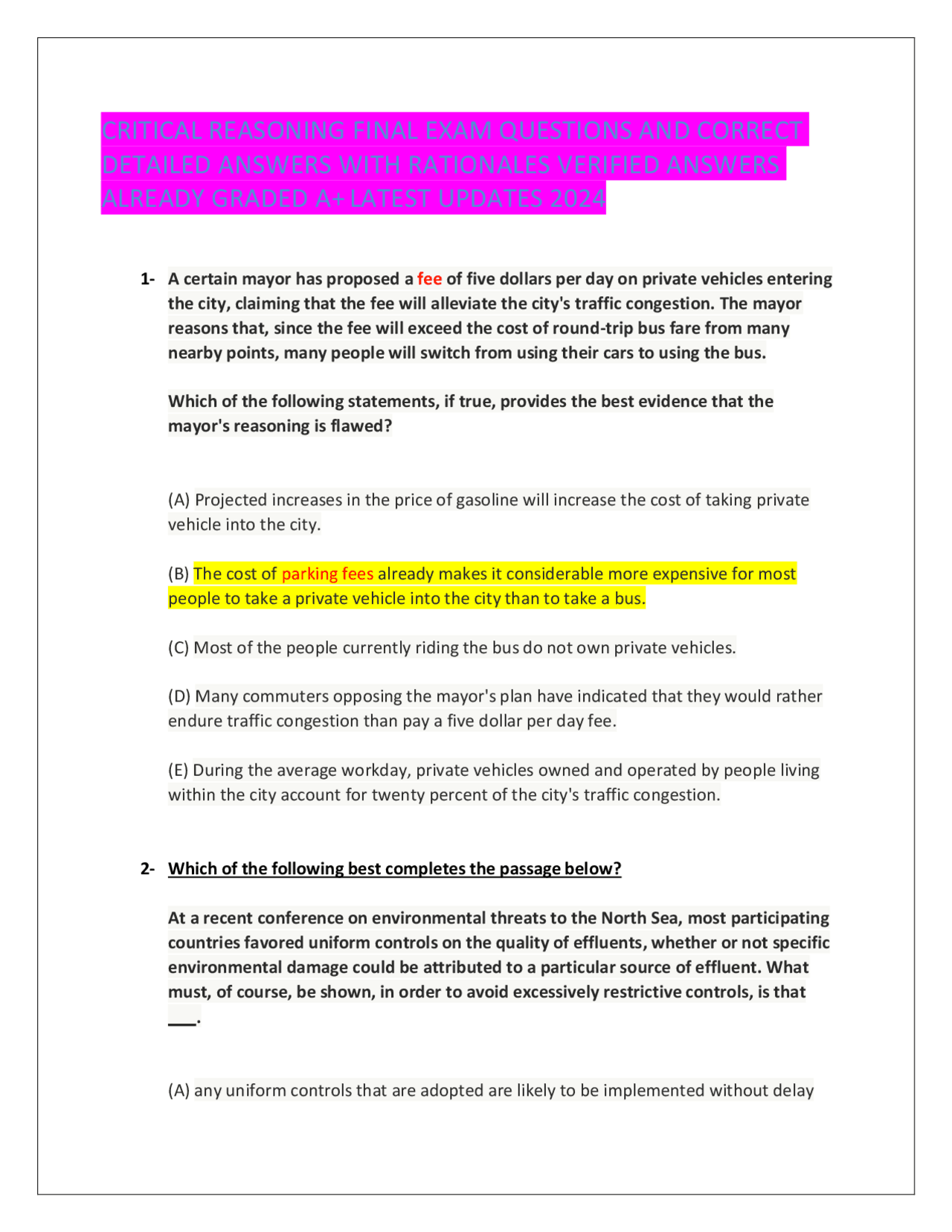 CRITICAL REASONING FINAL EXAM QUESTIONS AND CORRECT DETAILED ANSWERS ...