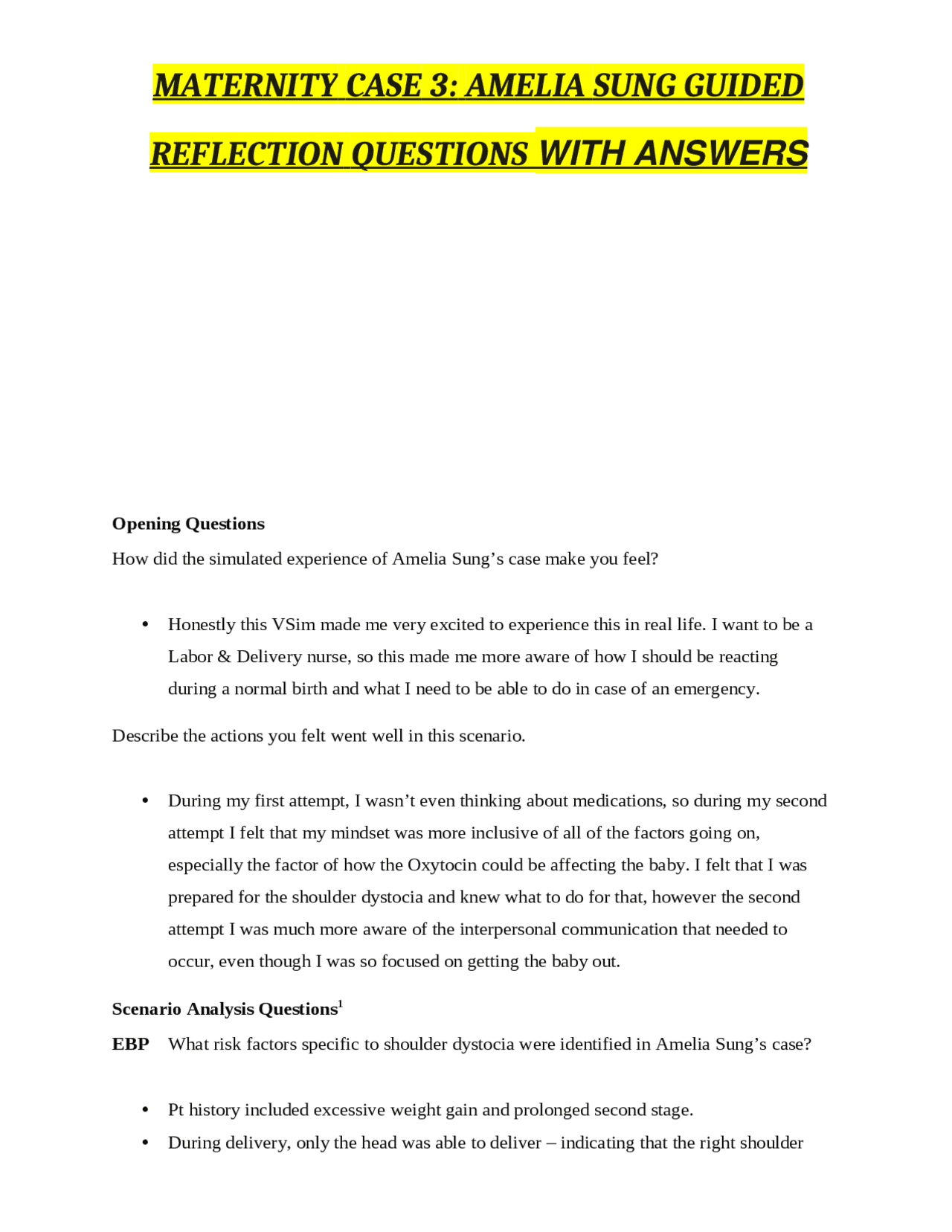 MATERNITY CASE 3: AMELIA SUNG GUIDED REFLECTION QUESTIONS WITH ANSWERS ...