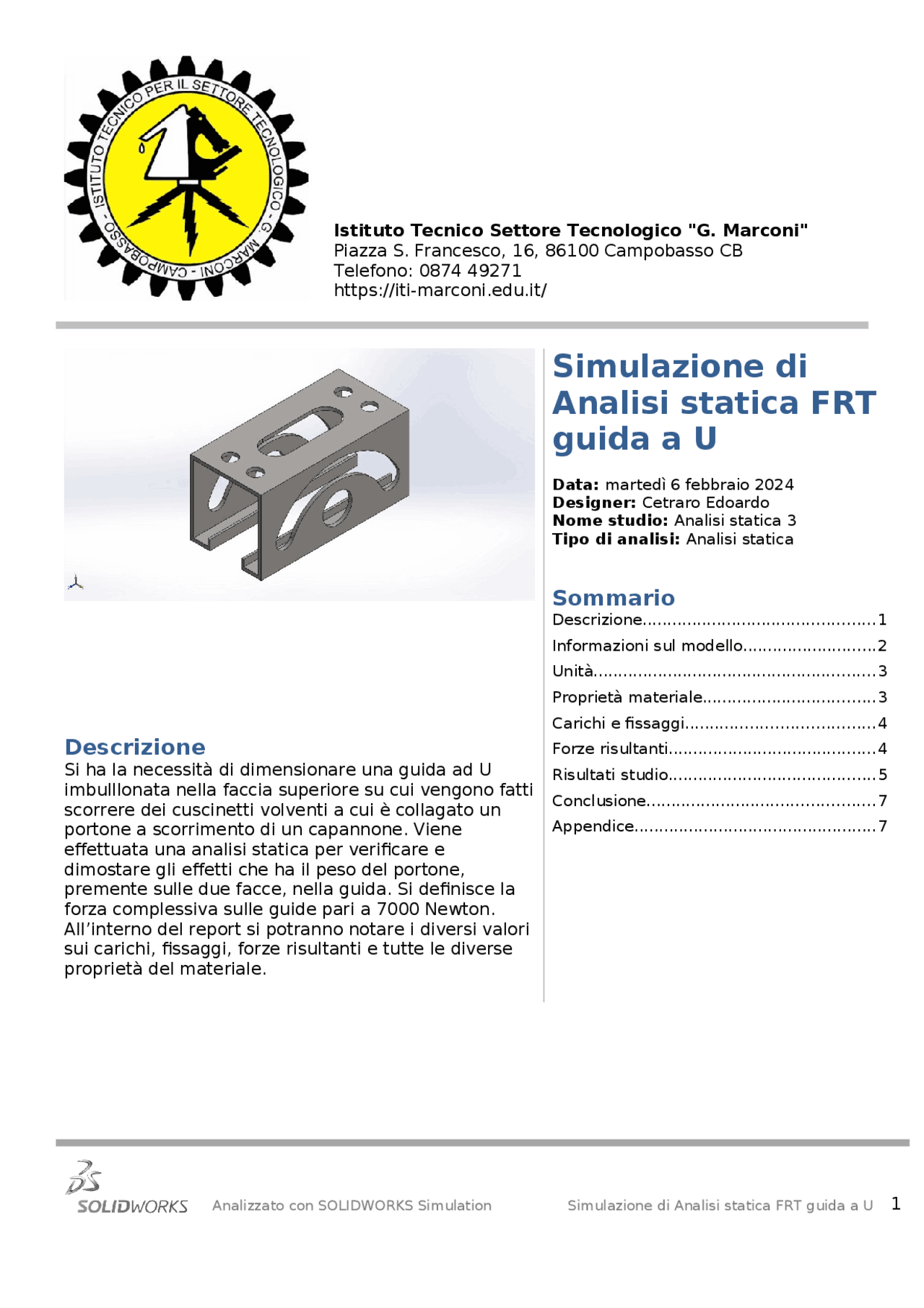 Analisi statica di una giuda ad U | Prove d'esame di Disegno tecnico | Docsity