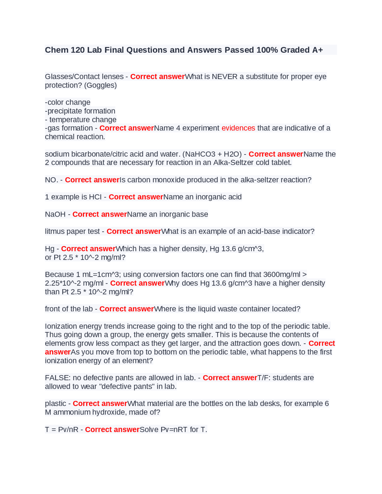 Chem 120 Lab Final Questions and Answers | Exams Chemistry | Docsity
