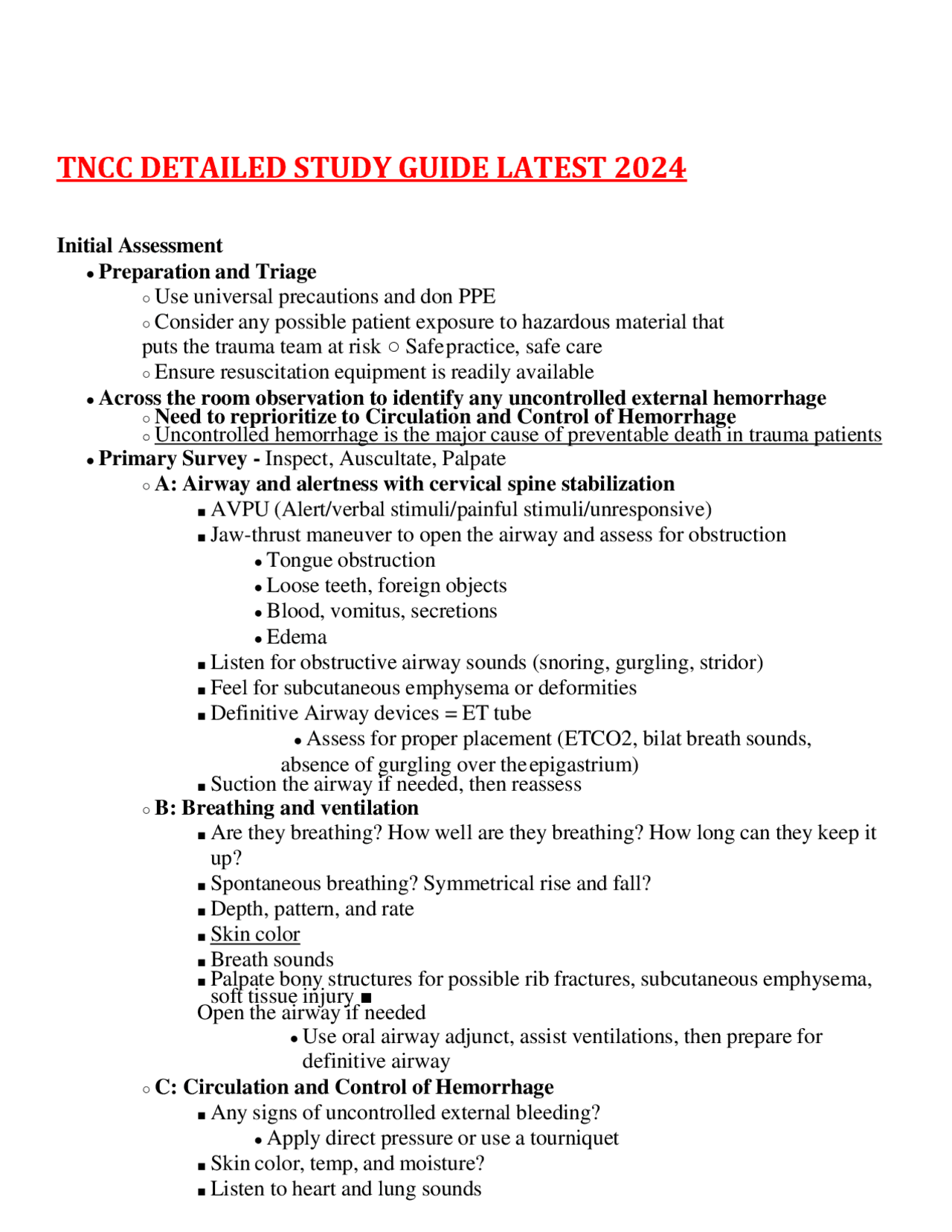 TNCC DETAILED STUDY GUIDE LATEST 2024 | Study notes Nursing | Docsity