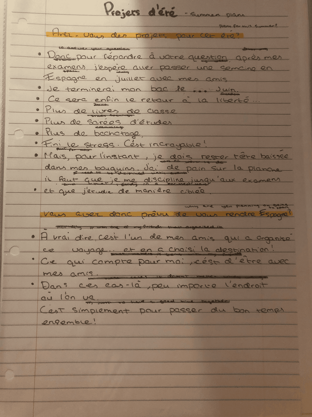 French oral notes on summer plans | Study notes French | Docsity