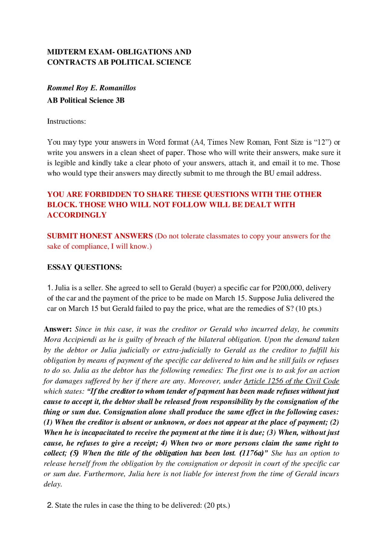 obligation and contracts | Assignments Law | Docsity