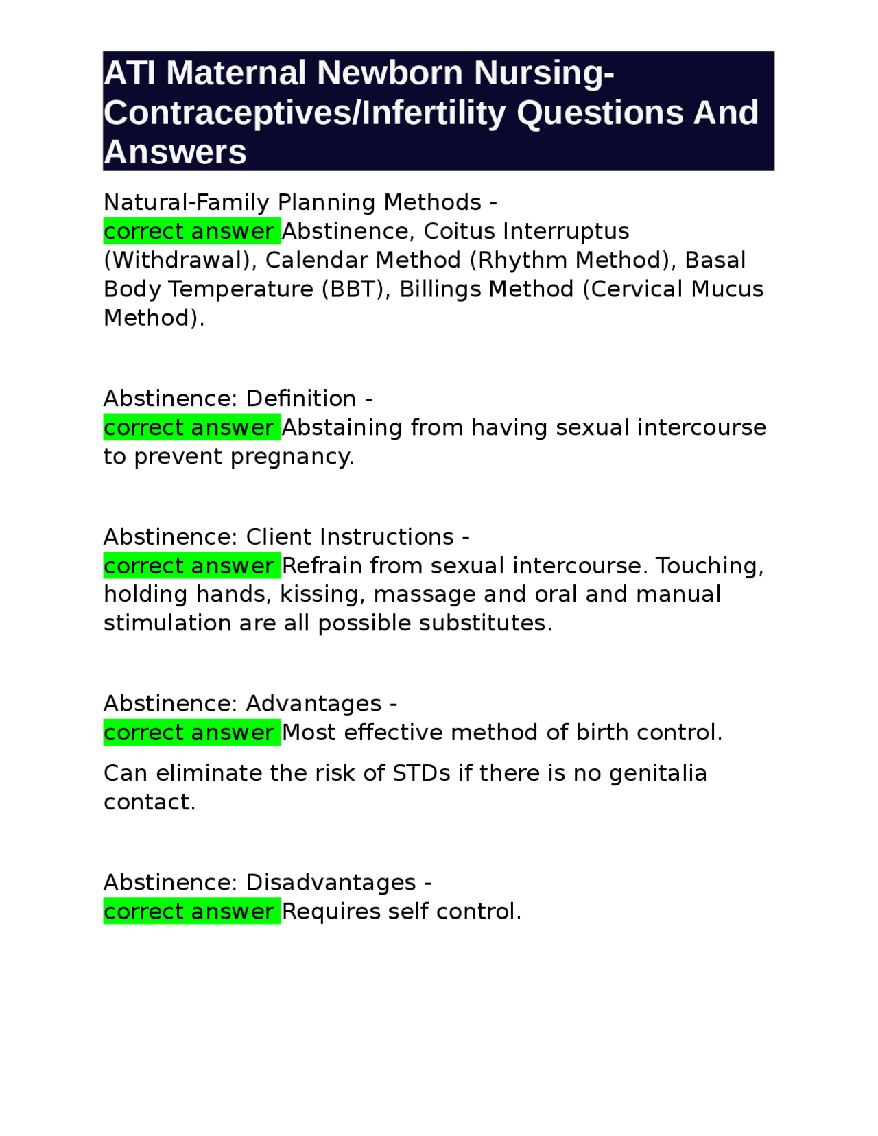 Maternal Newborn Nursing: Contraceptives & Infertility - Methods, Risks ...
