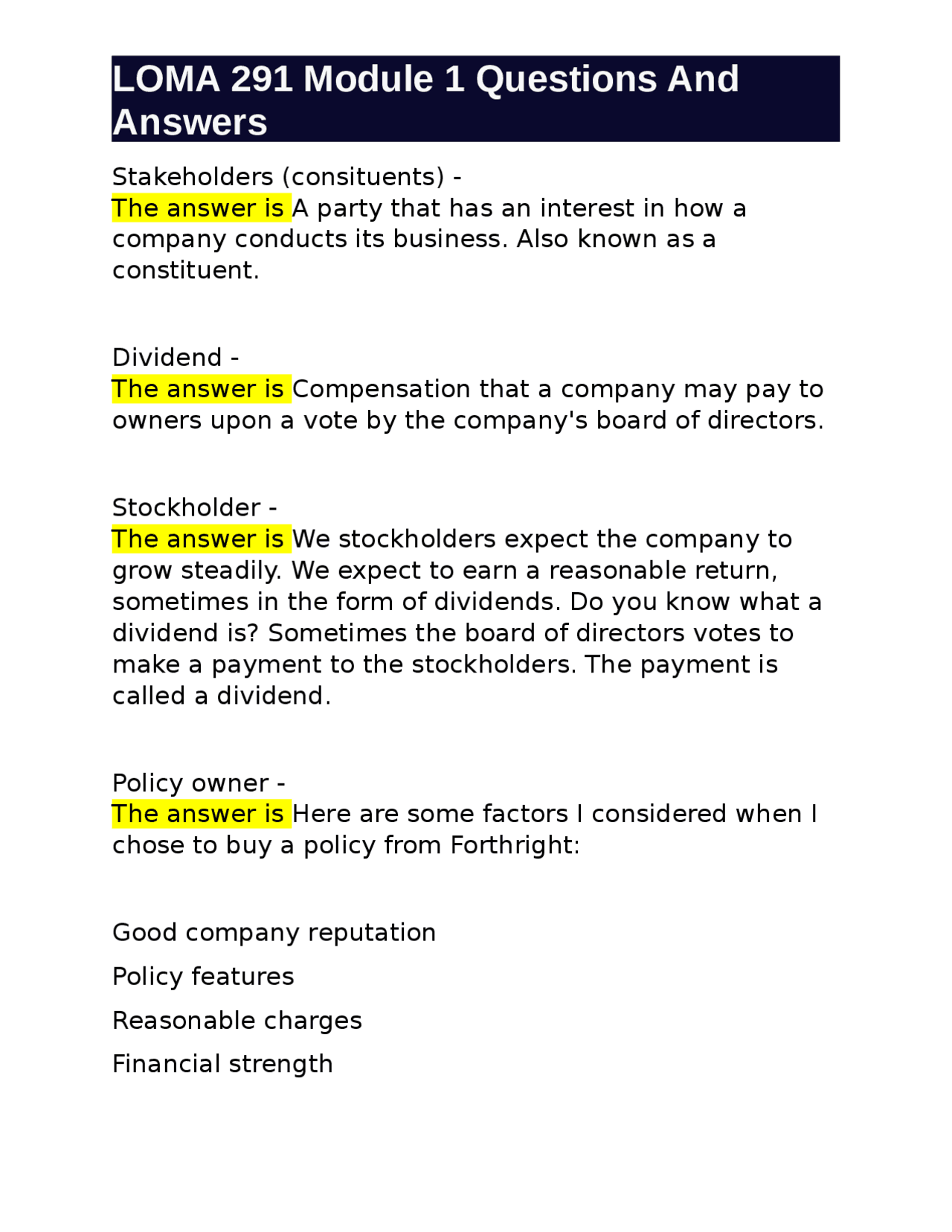 LOMA 291 Module 1 Questions And Answers | Exams Service Management ...