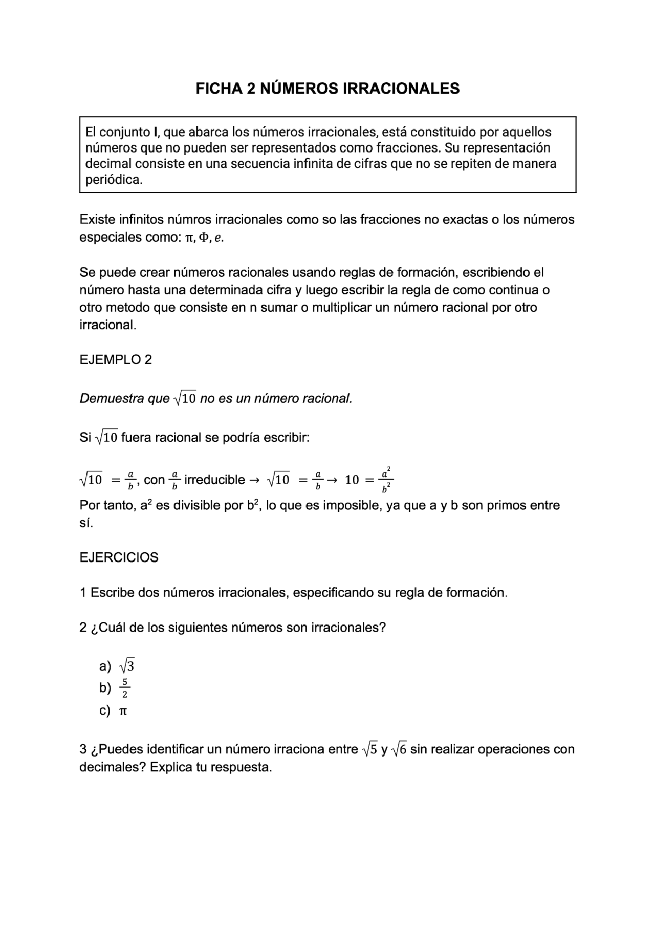 Ficha 2: Números irracionales. Unidad 1 Números reales | Ejercicios de ...