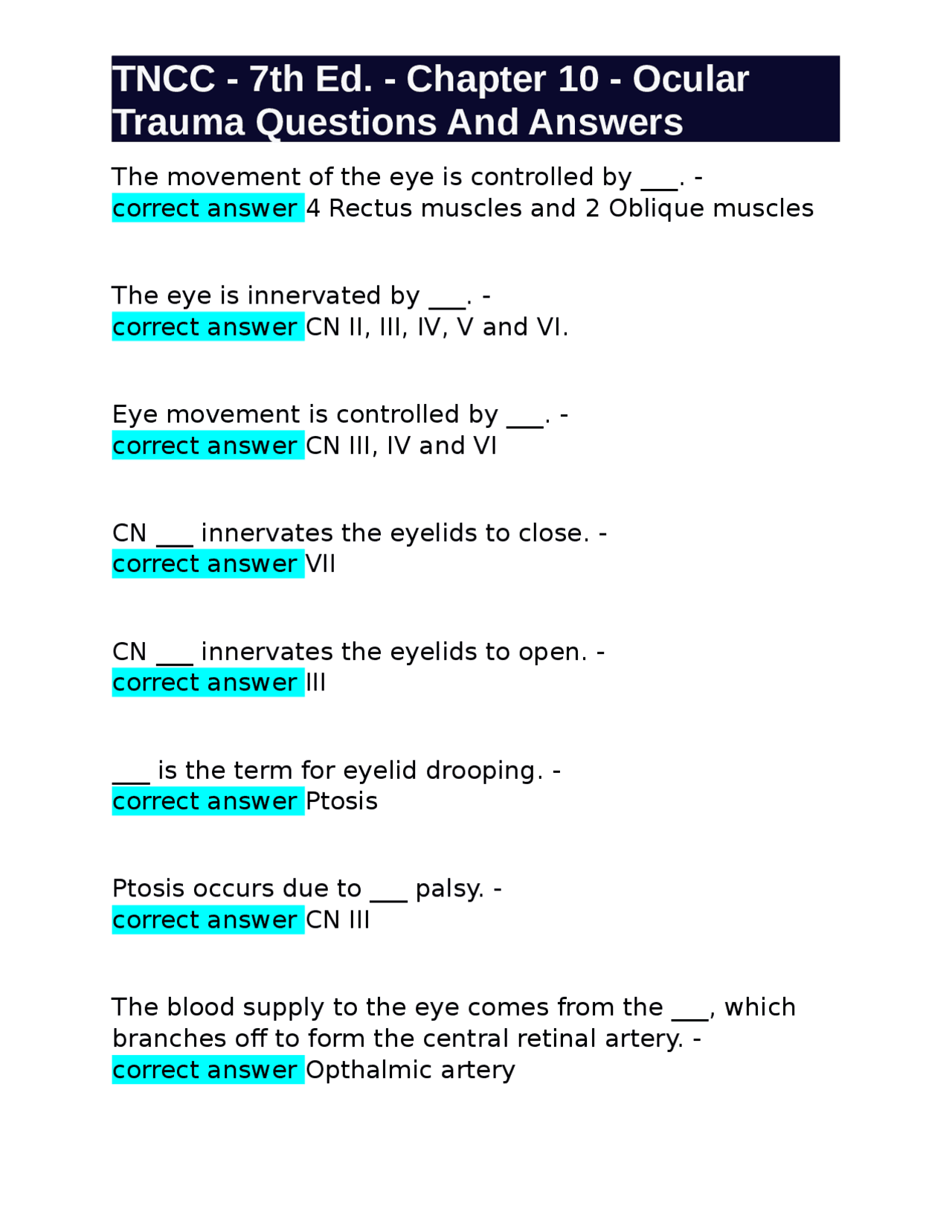 TNCC - 7th Ed. - Chapter 10 - Ocular Trauma Questions And Answers ...