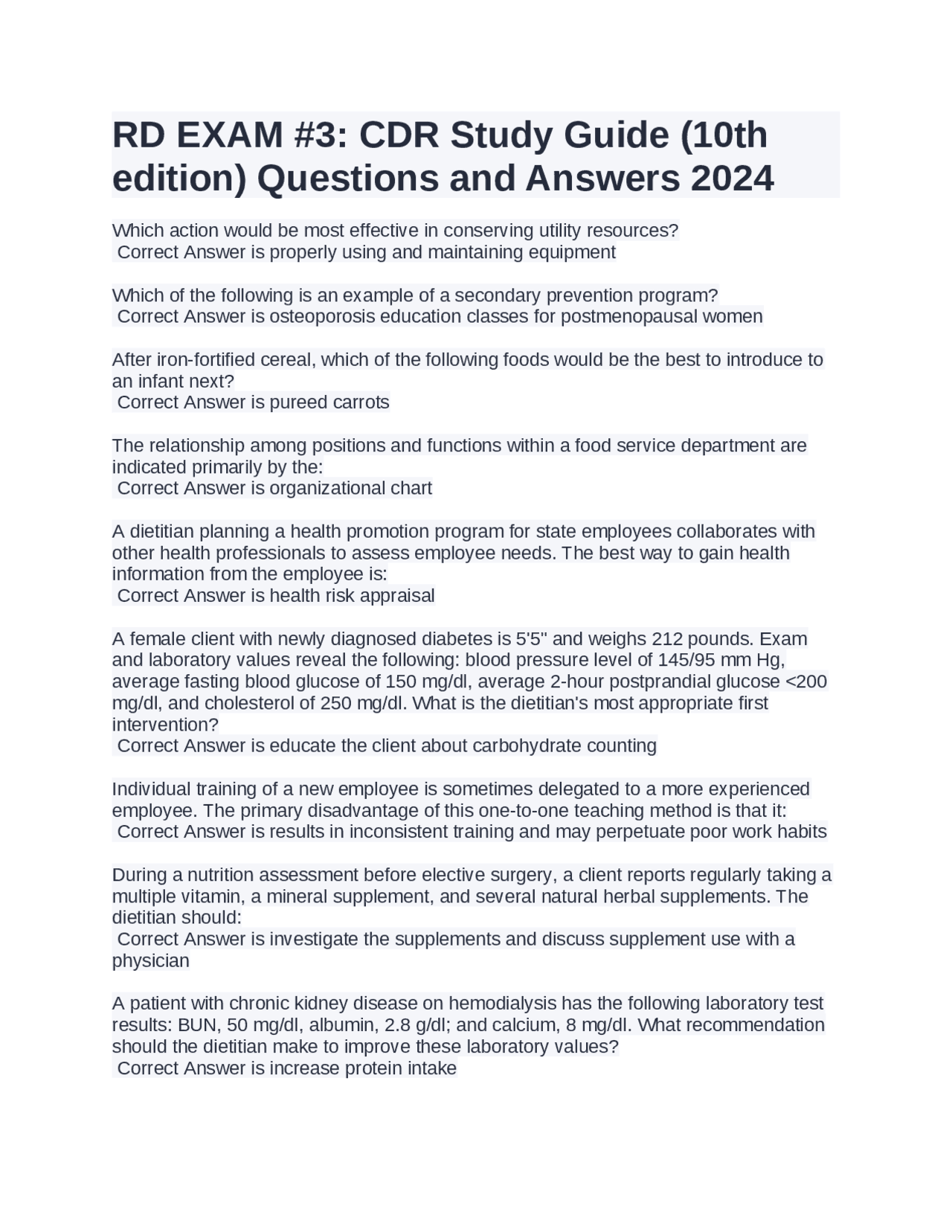 RD EXAM #3: CDR Study Guide (10th edition) Questions and Answers 2024 ...