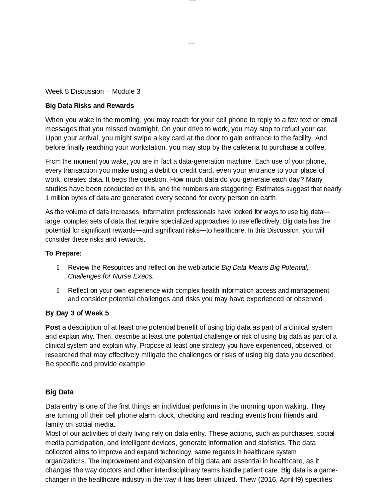 NURS 6051 Week 5 Discussion Module 3 BIG DATA RISKS AND REWARDS ...