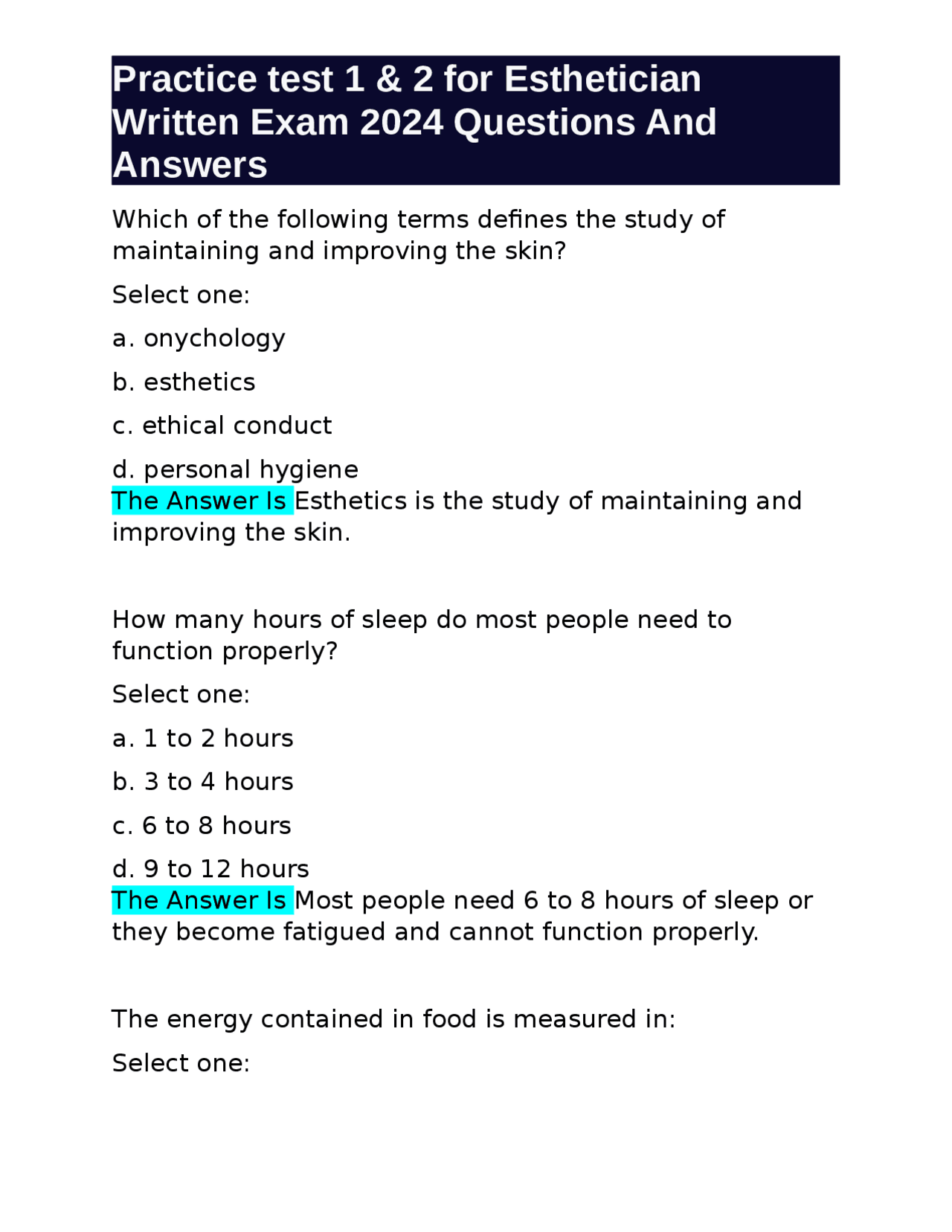 Practice test 1 & 2 for Esthetician Written Exam 2024 Questions And ...