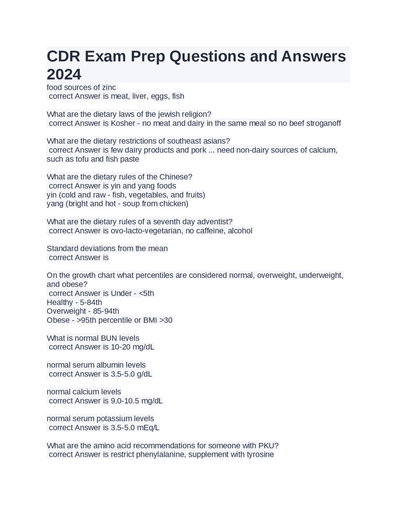 CDR Exam Prep Questions and Answers 2024 | Exams Medicine | Docsity