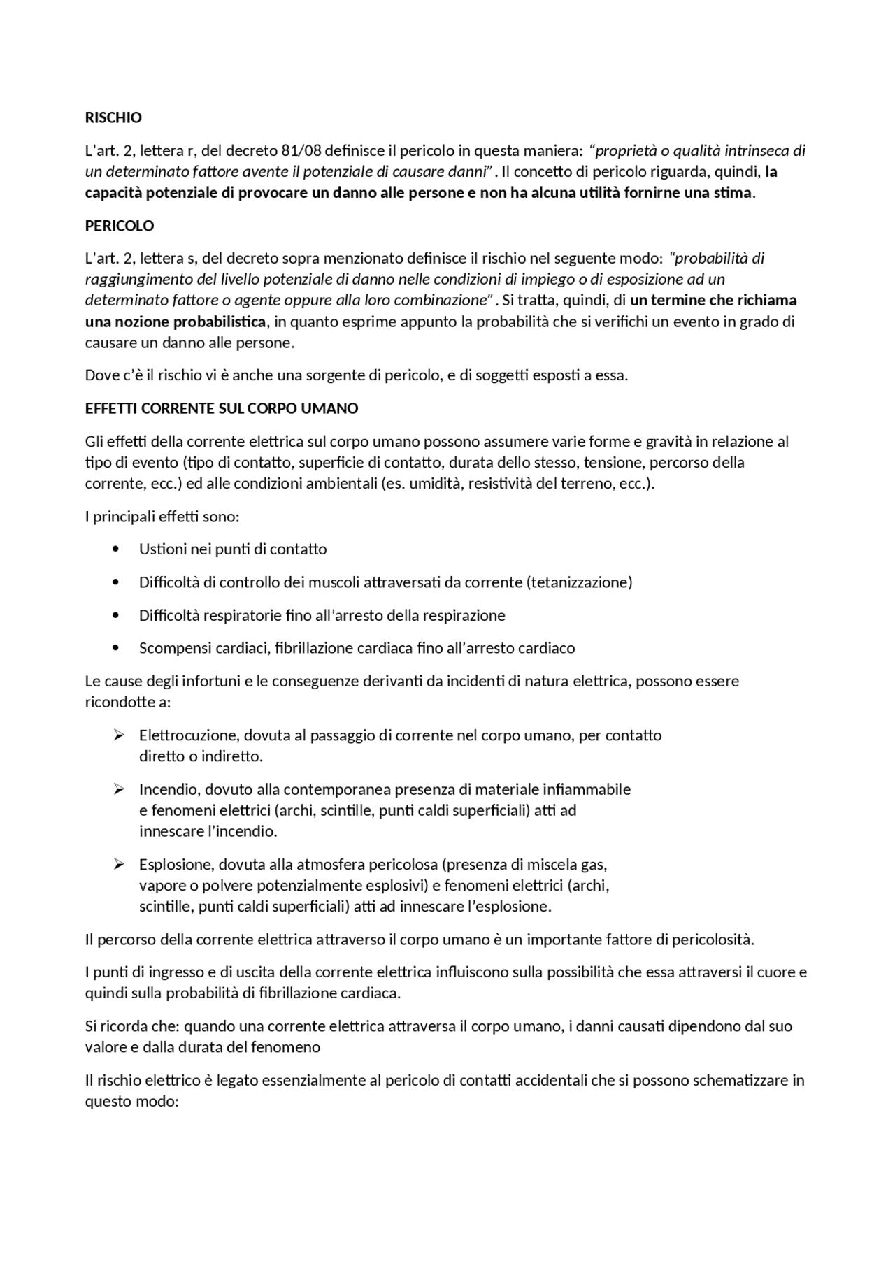 definizione rischio e pericolo, collegato alla corrente | Appunti di Fisica | Docsity