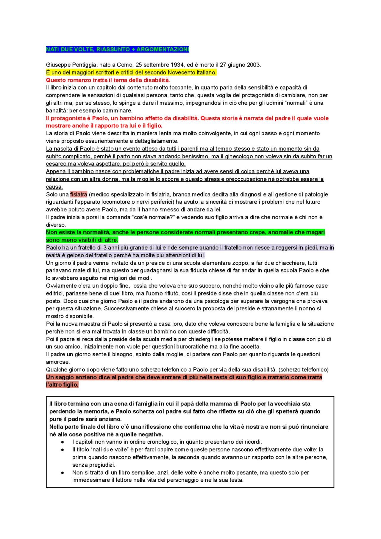 Riassunto Nati due volte, Pontiggia | Appunti di Letteratura Italiana | Docsity