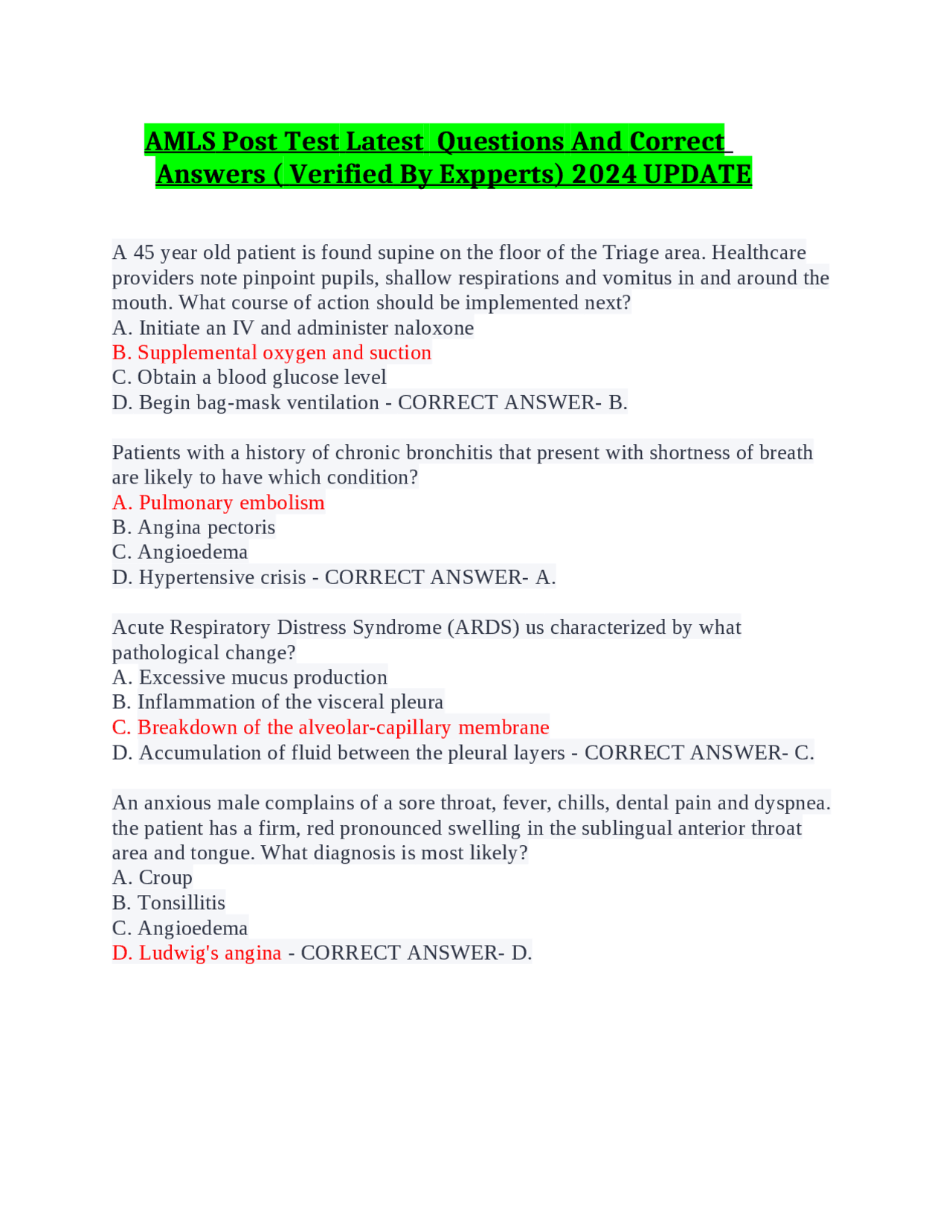 AMLS Post Test Latest Questions And Correct Answers ( Verified By ...