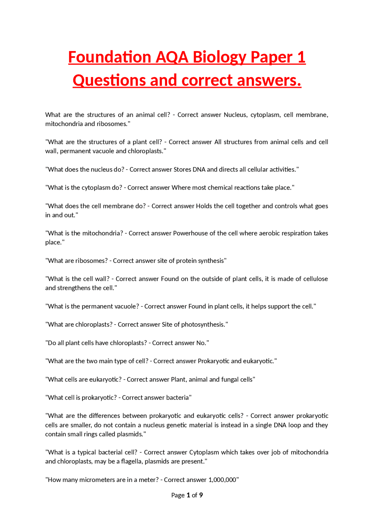 AQA Biology Paper 1: Cell Structure and Function | Exams Biology | Docsity