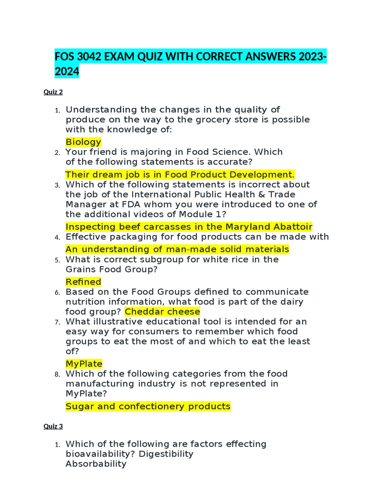 FOS 3042 EXAM QUIZ WITH CORRECT ANSWERS 2023-2024 | Exams Food science | Docsity