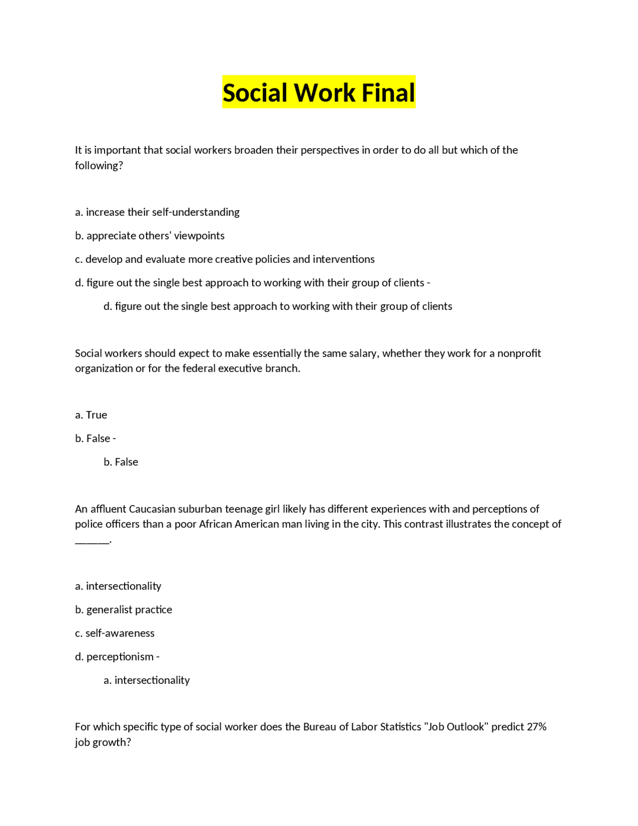 Social Work Final Social Work Final | Exams Social Work | Docsity