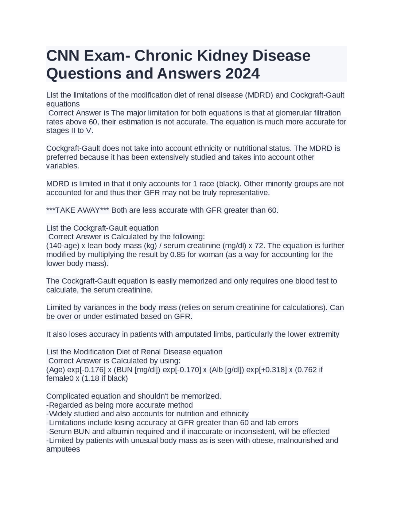 CNN Exam: Chronic Kidney Disease - Questions and Answers 2024 | Exams ...