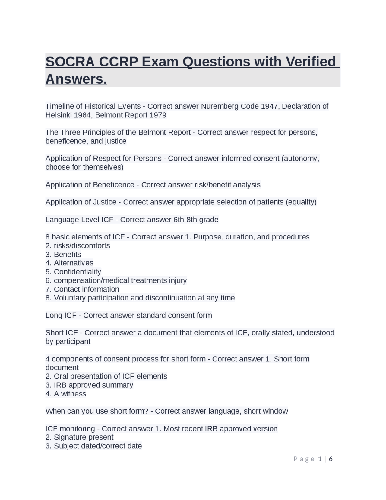 SOCRA CCRP Exam Questions with Verified Answers. | Exams Personal ...