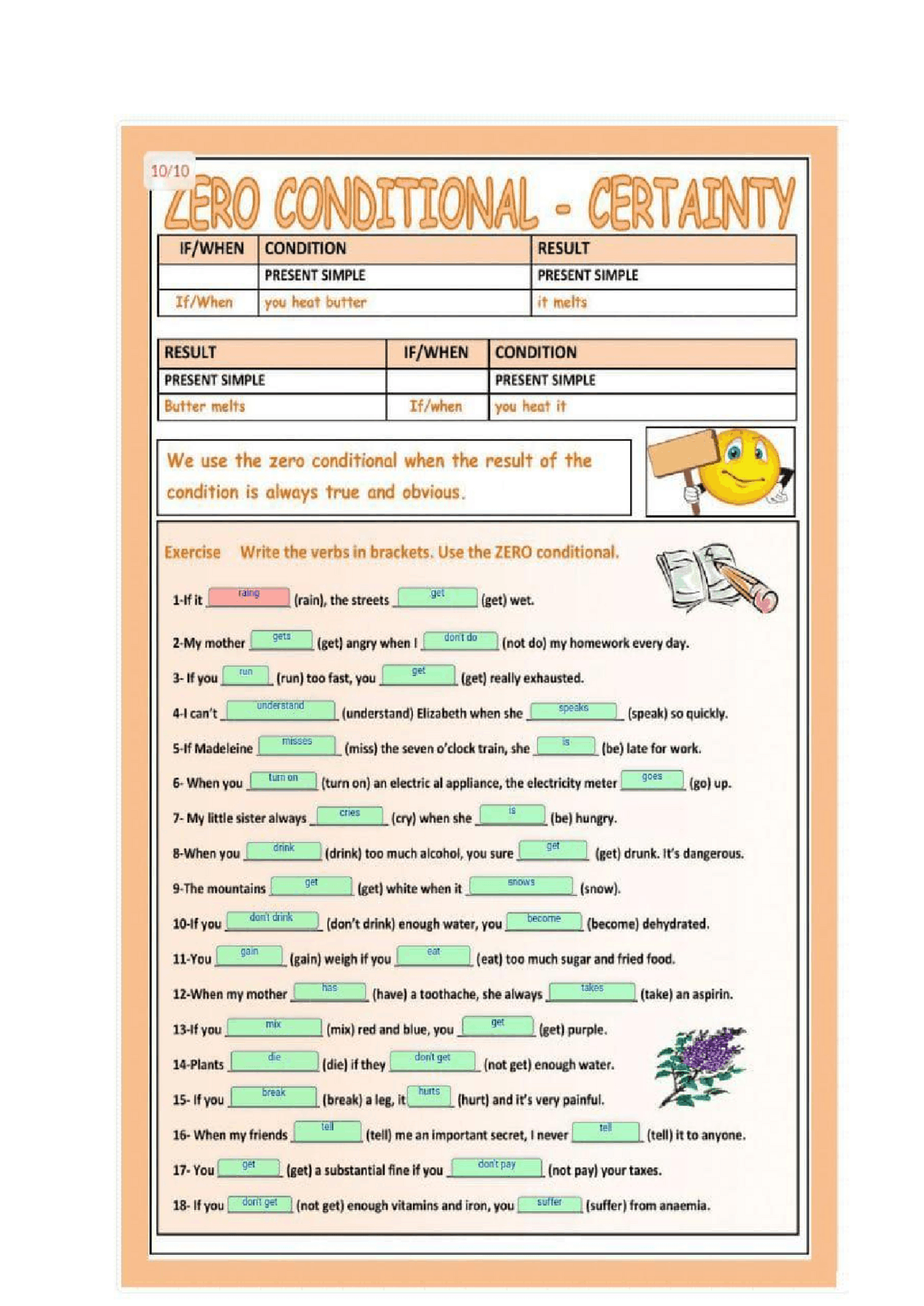 Zero conditional- certainty, un ejercicio | Ejercicios de Inglés | Docsity