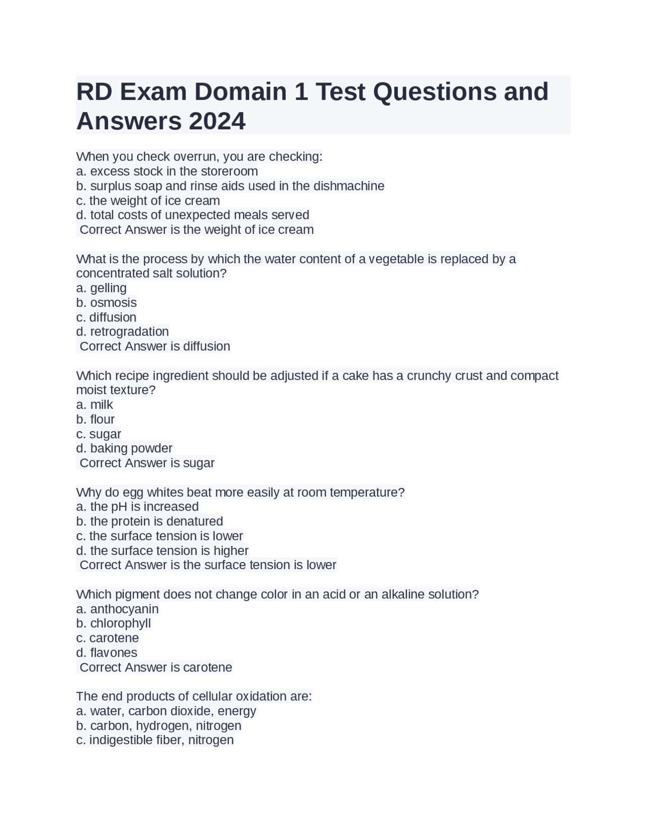 RD Exam Domain 1 Test Questions and Answers 2024 | Exams Medicine | Docsity