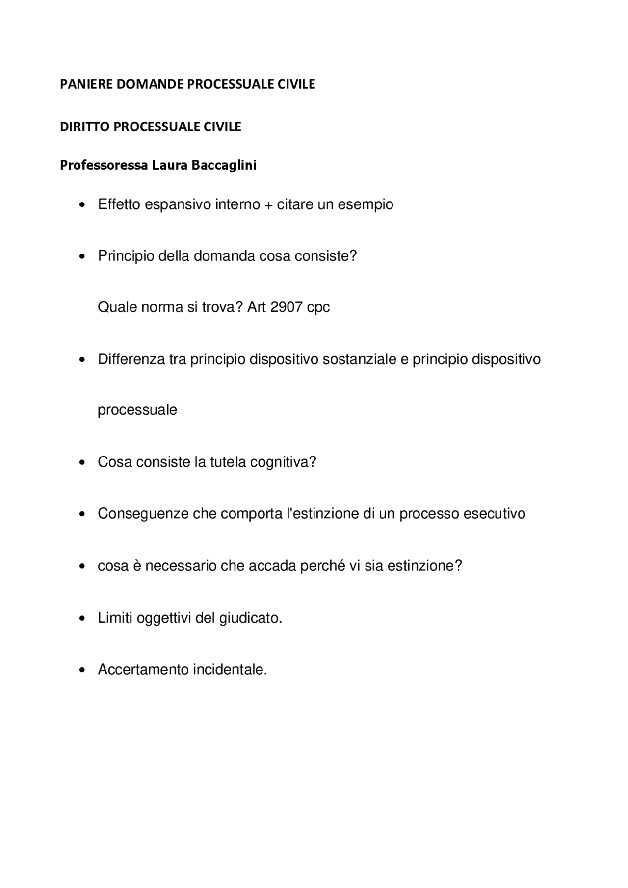 Paniere domande Diritto Processuale civile | Panieri di Diritto Processuale Civile | Docsity